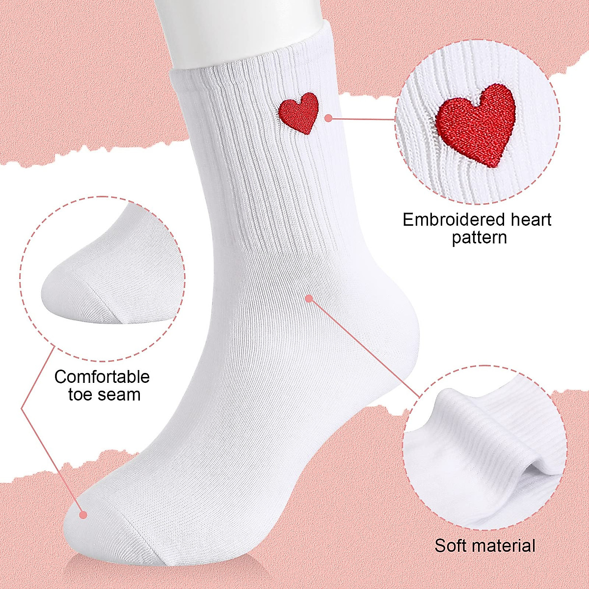 Umigy 6 Pair Crew Socks for Women Heart Shape Ankle High Cotton Fun Cute Athletic Running Socks Valentine's Day Gifts for Women Size 9-11 Teens, White