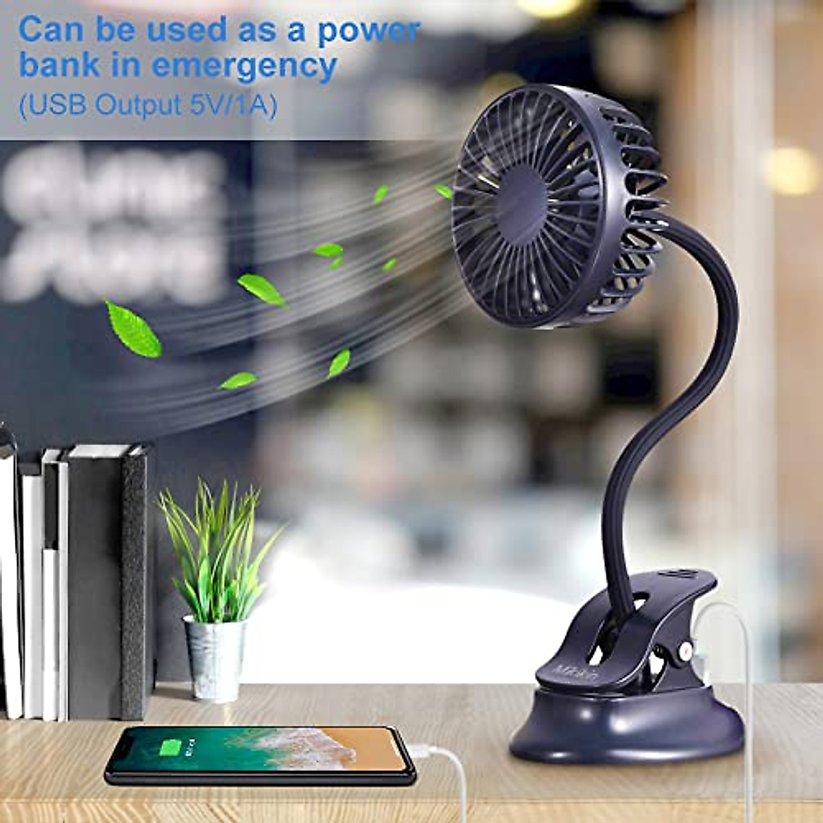 Mikikin Clip on Fan Small Mini Fan, Portable Usb Battery Operated Fan, Rechargeable Baby Stroller Fan, Quiet Personal Desk Fan 3 Speeds Flexible Neck Great for Bed Office Car Dorm Travel Camping Beach