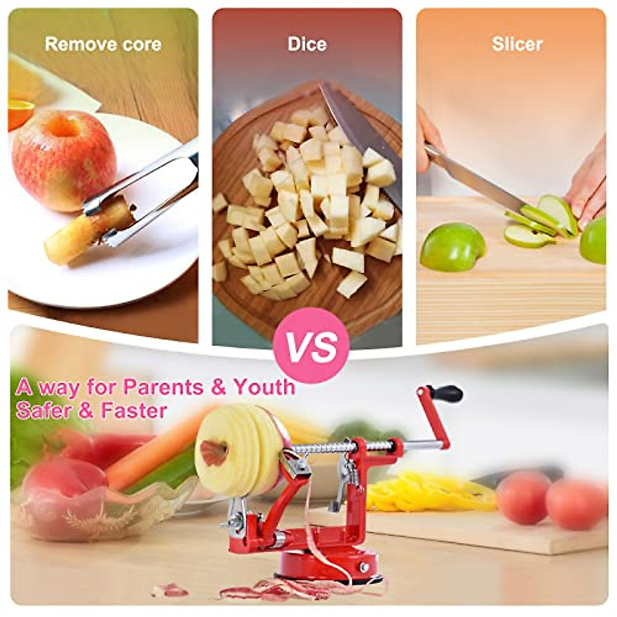 Apple Peeler, Stainless Steel Apple Corer Slicer Peeler, Durable Heavy Duty Die Cast Magnesium Alloy Apple Peeler Slicer Corer with Suction Base(Red)