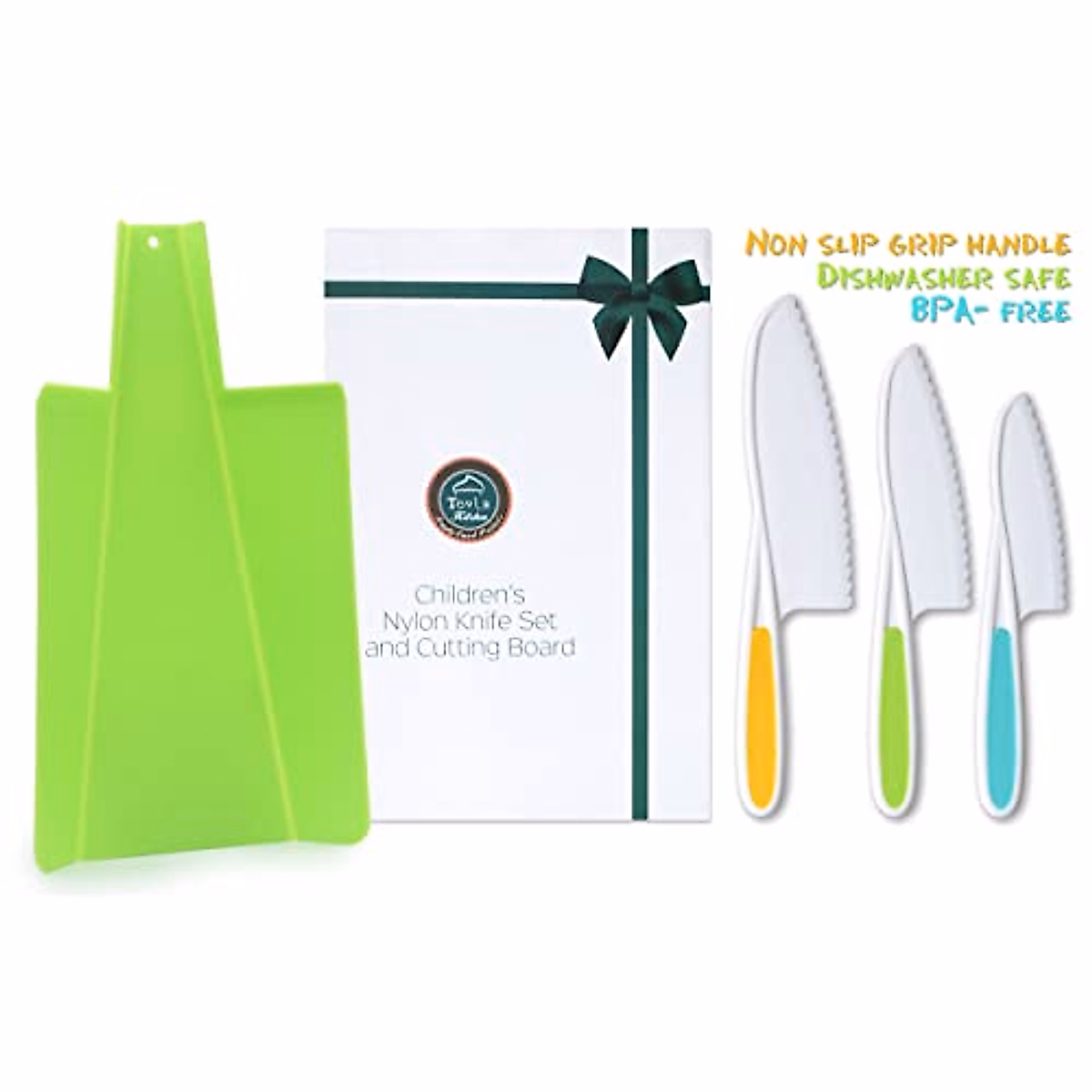 Tovla Jr Kids Kitchen Montessori Knives and Foldable Cutting Board Set: Children's Safety Cooking Knives in 3 Sizes & Colors/Firm Grip, Serrated Edges, BPA-Free Kids' /Safe Lettuce Knives (Green)