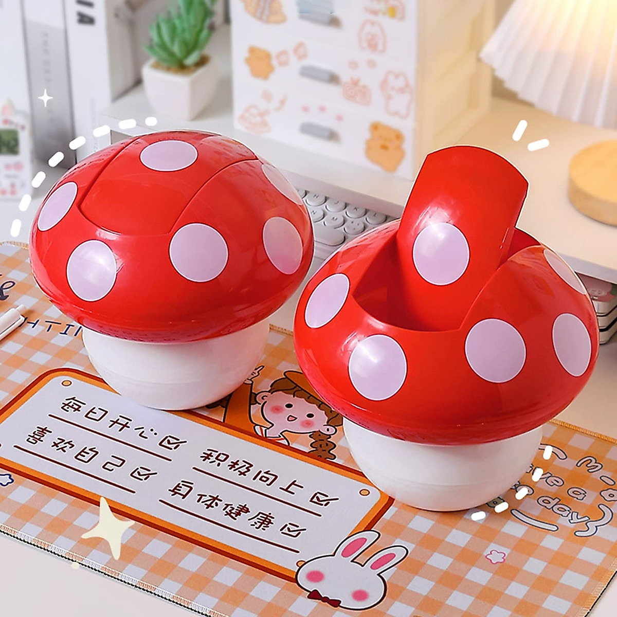 Altsuceser Mushroom Mini Trash Can with Swing Lid, Red, Plastic, 19cm