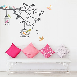 DECOWALL DW-1510 Birds on Tree Branch with Bird Cages Kids Wall Stickers Wall Decals Peel and Stick Removable Wall Stickers for Kids Nursery Bedroom Living Room (Grey) d?cor