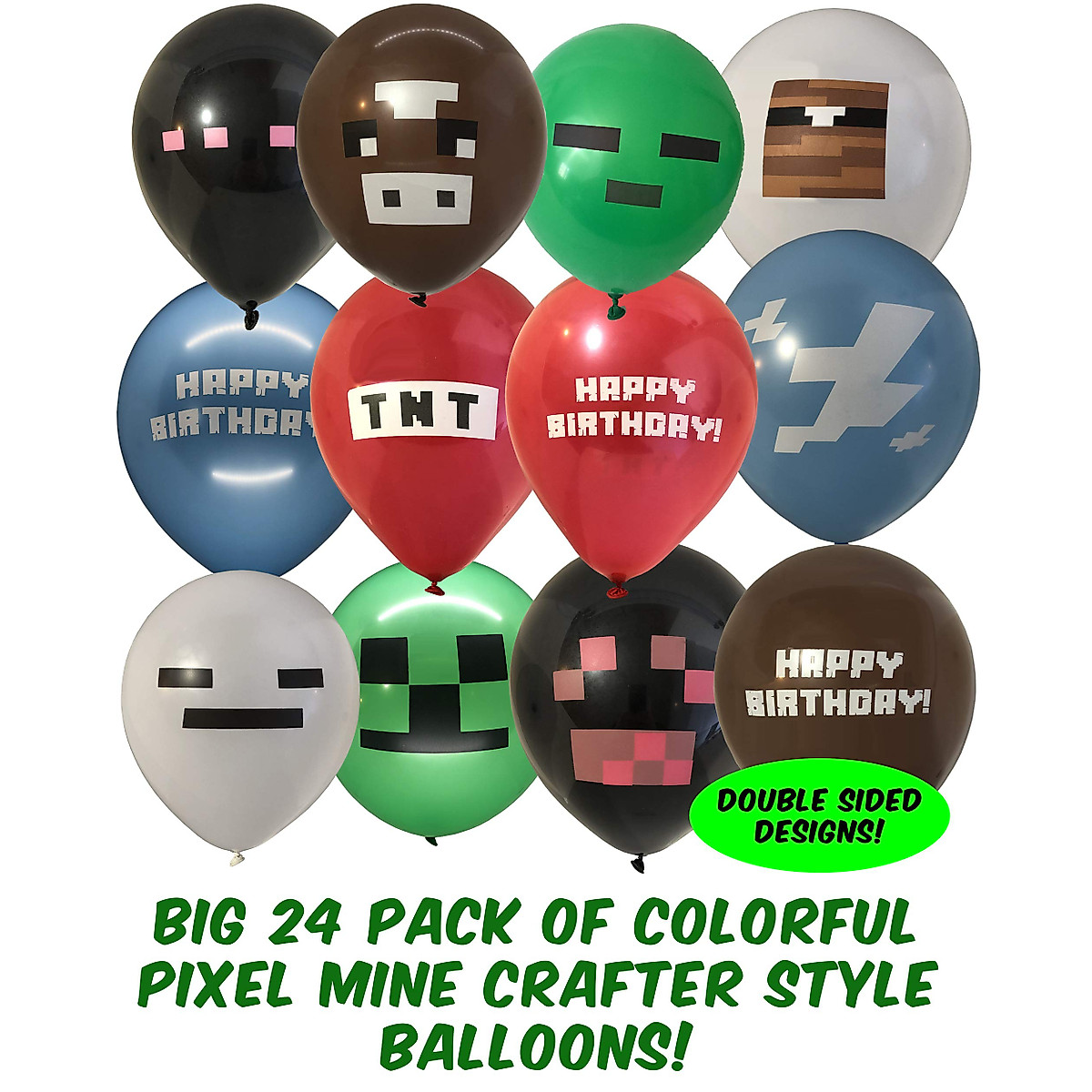 Party Ninja 24 Pack of Extra Large Pixel Miner Crafting Birthday Balloons - Double Sided Prints - 12" Party Balloons For Birthday Party Decorations