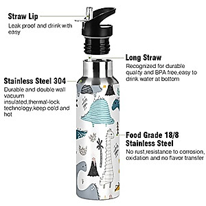 OREZI Dino Scandinavian Style Water Bottle Thermos with Straw Lid for Boys Girls,600 ml,Leakproof Stainless-Steel Sports Bottle for Women Men Teenage