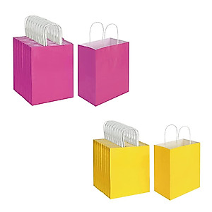 Each 100 Pack Medium Fuchsia & Yellow Kraft Paper Gift Bags with Handles Bulk