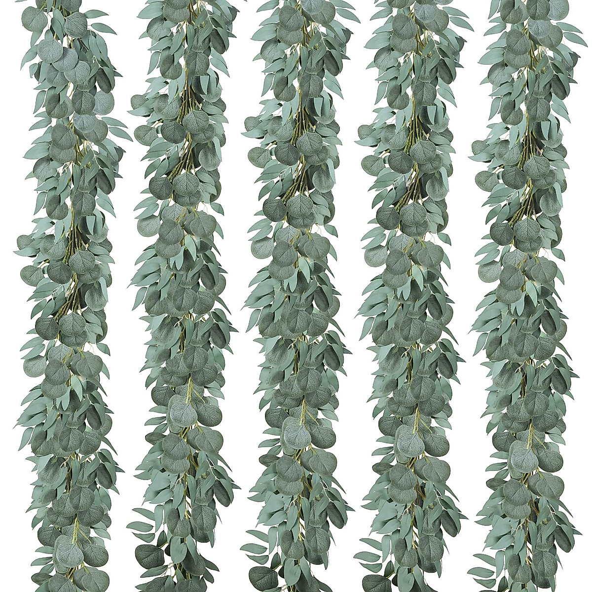JUSTOYOU 5 Pack Fake Silver Dollar Eucalyptus Greenery Garland Plants, 6.5 Feet Artificial Eucalyptus Leaves Vines for Wedding Table Backdrop Arch Wall Decor Runner Doorways Decoration Indoor Outdoor