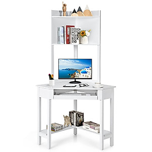 COSTWAY Corner Desk with Hutch, Compact Corner Computer Desk, Study and Writing Table with Keyboard Tray & Bottom Shelves, Space-saving Laptop PC Desk for Small Space, Home, Bedroom, Apartment (White)