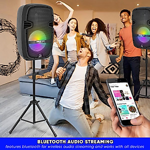 Pyle PA Speaker DJ Mixer Bundle - Portable Wireless Bluetooth Sound System w/ USB SD XLR 1/4" RCA Inputs, LED Lights - Dual Speaker, Mixer, Microphone, Stand, Cable - Home/Outdoor PPHP210AMX,Black