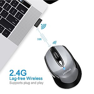 LeadsaiL Wireless Computer Mouse, 2.4G Portable Slim Cordless Mouse Less Noise for Laptop Optical Mouse with 6 Buttons, USB Mouse for Laptop, Deskbtop, MacBook (Grey)