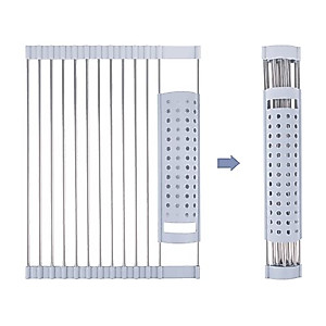 COSYSILK Over The Sink Roll Up Dish Drying Rack Dish Drainer for Kitchen Sink, Foldable Stanless Steel Roll Up Sink Dish Drying Rack with Utensil Holder for Sliverware Size 17.0" x 13.0" (Gray)