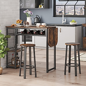 Bestier Bar Table and Chair Set, Expandable Dining Table with 2 Bar Stools, Industrial Kitchen Counter with Wine Rack & 3 Tier Adjustable Storage Shelves Rustic Brown