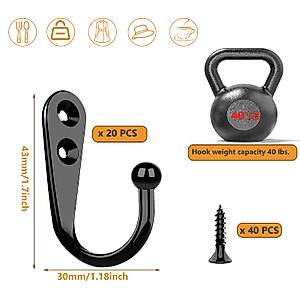 WODEGIFT 20 Pcs Wall Mounted Coat Hooks,Thickened Metal Hooks, Hanger Hook with 40 Pieces Screws for Hanging Hat, Towel, Robe, Coats, Scarf, Bag, Cap, Coffee Cup, Mugs (Black)
