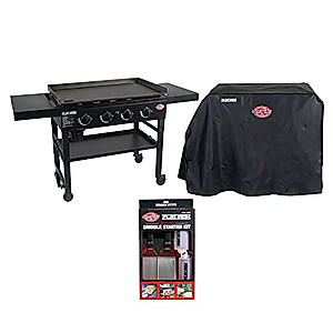 Char-Griller E8936 Flat Iron Four Burner Gas Griddle Grill + Grill Cover + Griddle Accessory Kit Bundle