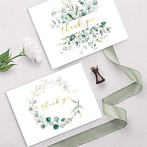 AMNADOF 100 Eucalyptus Gold Foil Thank You Cards Bulk -- Blank Note Cards with Greenery Envelopes – Include Stickers, Perfect for Wedding,Baby Shower, Bridal Shower and All Occasions