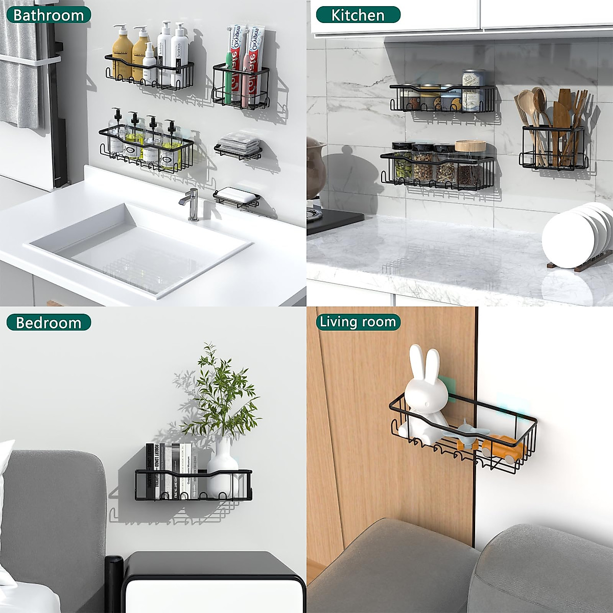 RM FOLD Shower Caddy, 5 Pack Adhesive Shower Organzier, No Drilling Shower Shlves, Rustproof Stainless Steel Bathroom Shower Organzier for Bathroom, Kitchen and Dorm Organization and Storage, Black