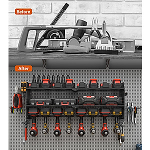 JUNNUJ Large Pegboard Power Tool Organizer with Charging Station, 8 Drills Driver and Tools Battery Holder Wall Mount with 8 Outlet Power Strip, Black 3-Layer Shop Garage Storage Utility Rack