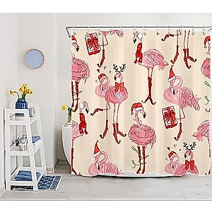 HVEST Christmas Flamingo Shower Curtain, Pink Flamingo with Xmas Hat and Stocking on Beige Background Shower Curtain for Bathroom, Animal Polyester Fabric Shower Curtain with Hooks, 72W x 72L Inches