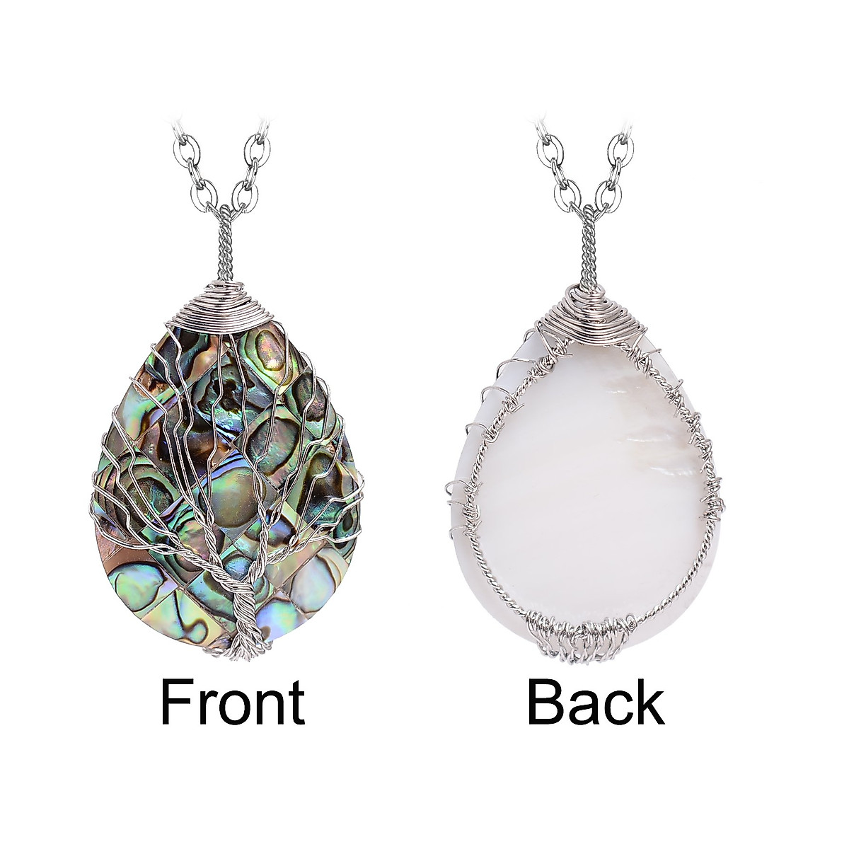 Wire Wrapped Abalone Teardrop Necklace - Handmade Silver Abalone Shell Water Drop Tree of Life Pendent Jewelry for Women