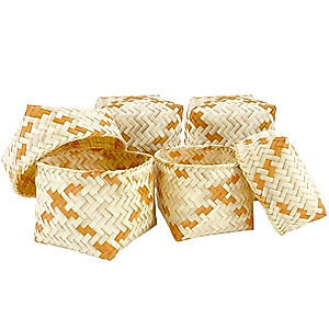 PANWA Mini Bamboo Sticky Rice Serving Basket- Handmade 100% Eco-Friendly Thai Mini Wickerwor Kratips- 4 piece set- Food Safe (Saffron)