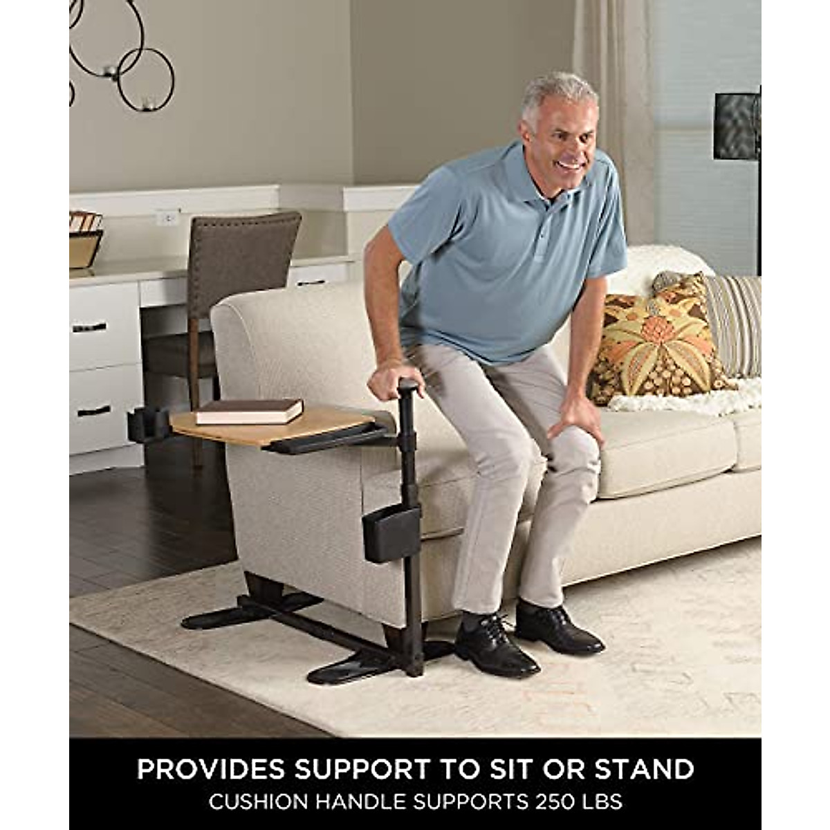 Signature Life Independence Tray Table, Bamboo Swivel TV Tray, Adjustable Laptop Table with Ergonomic Stand Assist Safety Handle, Independent Living Aid