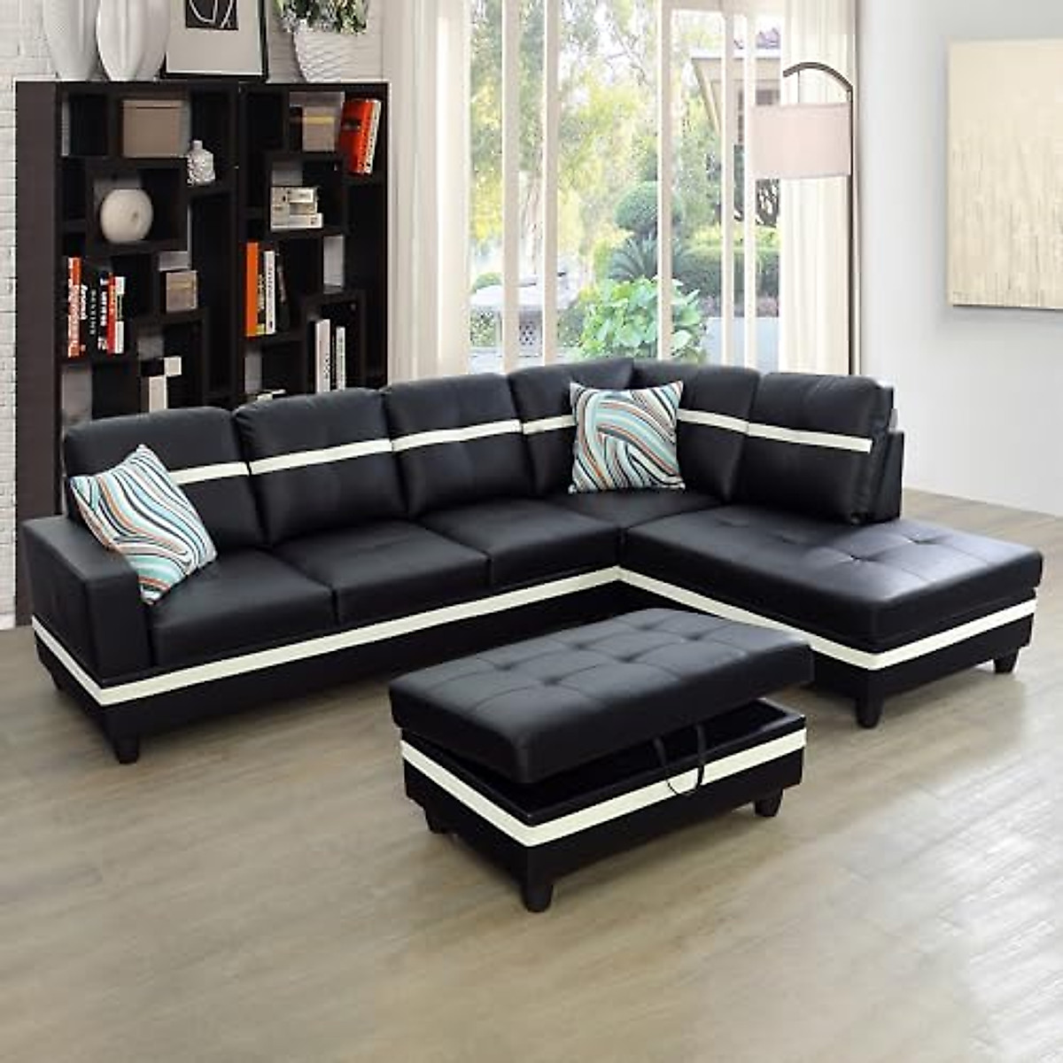 103" W Sectional Couches for Living Room, Sectional Sofa for Living Room Furniture Sets, L Shaped Couch Storage Ottoman, Faux Leather Modular Sectional Sofa Set for Living Room Set, Black White