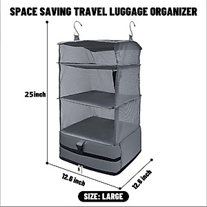 Caroeas Portable Hanging Travel Shelves Bag Suitcase Organizer Carry-on Closet Packing Cubes for Travel, 4-Shelf Suitcase Closet with 2 Hooks, Large Capacity, Gray