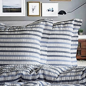 Merryfeel Seersucker Duvet Cover Set King,100% Cotton Woven Seersucker Stripe Bedding Set,3 Pieces (1 Comforter Cover with 2 Pilowwshams)- Blue King
