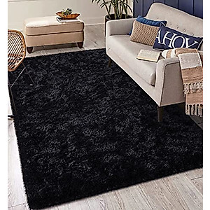 Fulie Ultra Soft Shag Area Rugs for Bedroom, Black Fluffy Modern Plush Rugs for Living Room Kids Girls Dorm Room Floor Carpets, Fuzzy Rugs for Nursery Bedside Home Decor, 3x5 Feet