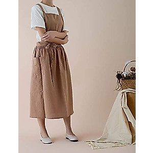 Women Cotton Linen Cross Back Apron with Pockets for Gardening Works Pinafore Dress