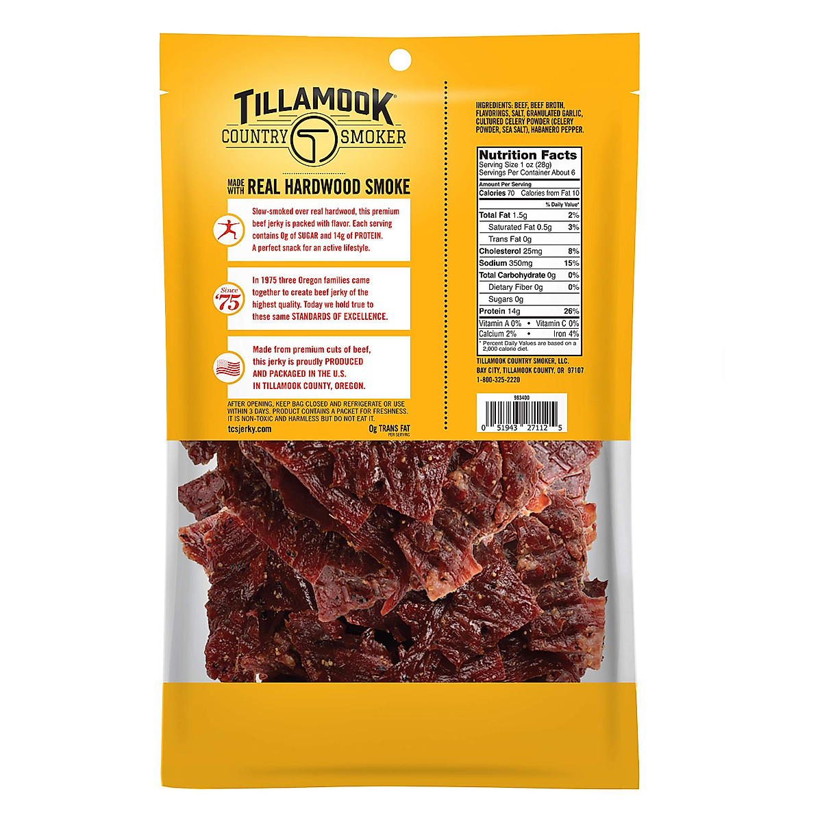 Tillamook Country Smoker Keto Friendly Zero Sugar Beef Jerky, Hot & Spicy, 6.5 Ounce