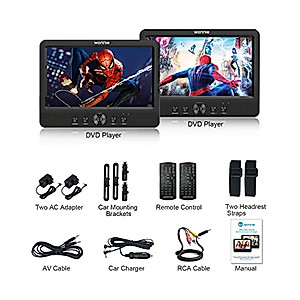 WONNIE 10.5" Two DVD Players Dual Screen Portable Twins CD Player for Car Play a Same or Two Different Movies with 5-Hour Rechargeable Battery, 2 Mounting Brackets, Support USB/SD Card Reader