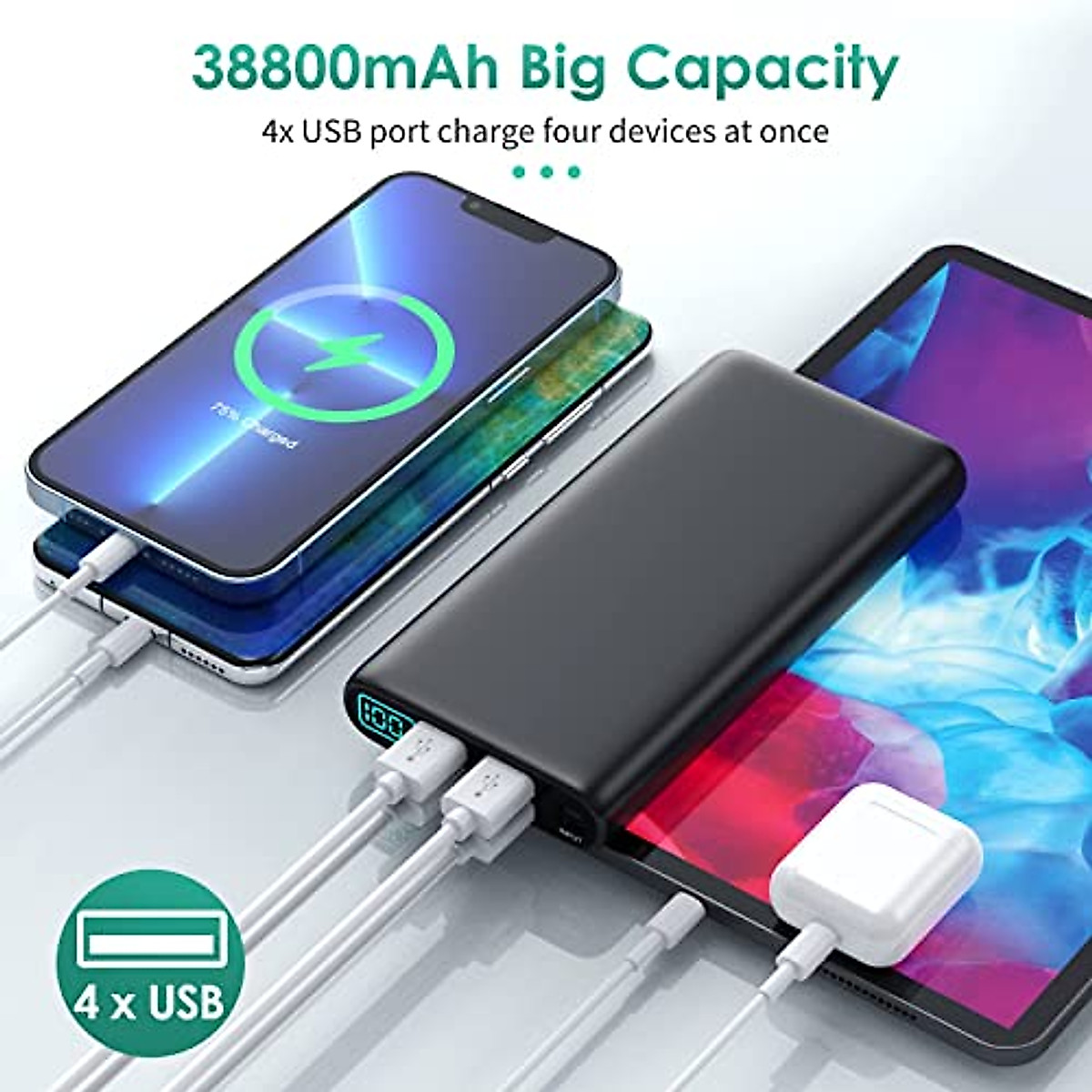 Portable Charger 38800mAh,LCD Display Power Bank,4 USB Outputs Battery Pack Backup, Dual Input USB-C Phone Charging Compatible with iPhone 13 Pro Max/13 Mini/12,Android Samsung Galaxy/Pixel/Nexus/iPad