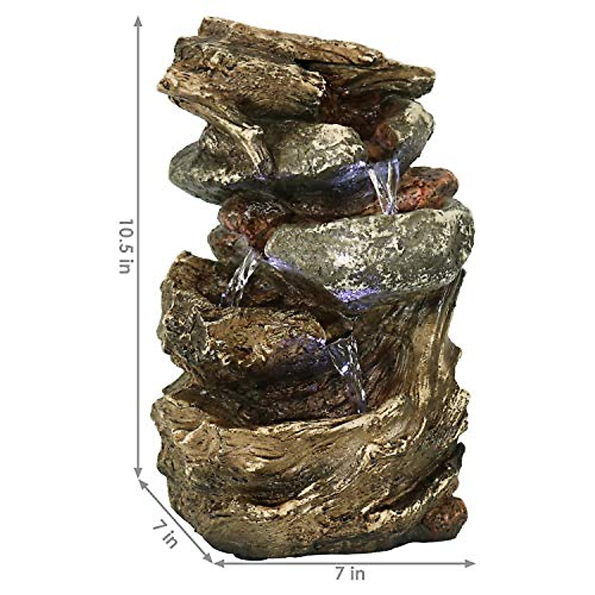 Sunnydaze Indoor Electric Tabletop Fountain with LED Lights - Decorative Tiered Rock and Log Waterfall Design - Quiet and Soothing Water Sound - Small 10.5 Inch Desktop Size