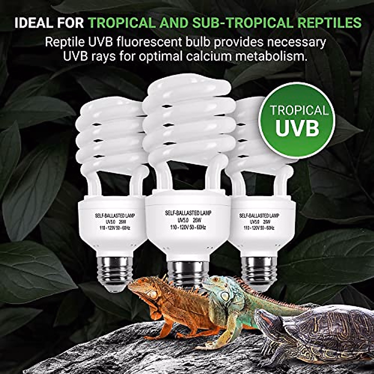 Simple Deluxe Reptile Compact Fluorescent Lamp Light Bulb for Rainforest Tropical Terrarium, Lizard, Turtle, UVB 5.0, 26W,White