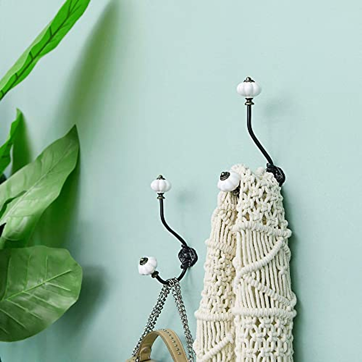 NIKKY HOME Wall Hooks Decorative 2 Pack Hanging Rustic Vintage Pumpkin Metal Iron Ceramic Antique Mounted Wall Hook for Towels Coat Bag Scarf Cap Hat Key for Farmhouse Mudroom Closet Bathroom, White