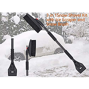 Elefama 3-in-1 Snow Shovel Kit for Car Emergency Driveway Snow Removal with Ice Scraper and Snow Brush Window Windshield Portable Collapsible Snow Shovel for Backyard Trucks SUV Deck Stairs