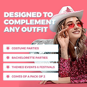 White Cowgirl Hat - (pack Of 2) Adult Size Pink Star Cowboy Hats For Women With Sequin Trim Fringe, Adjustable Neck Drawstring, White Cowboy Hat For Costume Party, Play Dress-up Fits Most Women