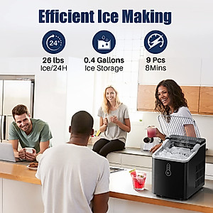 Ice Maker, Portable Ice Maker Countertop with Self-Cleaning, 26lbs/24H, 9 Cubes in 6-8 Mins, Compact Ice Machine with Ice Scoop/Basket, Perfect for Home/Party/Camping/Bar