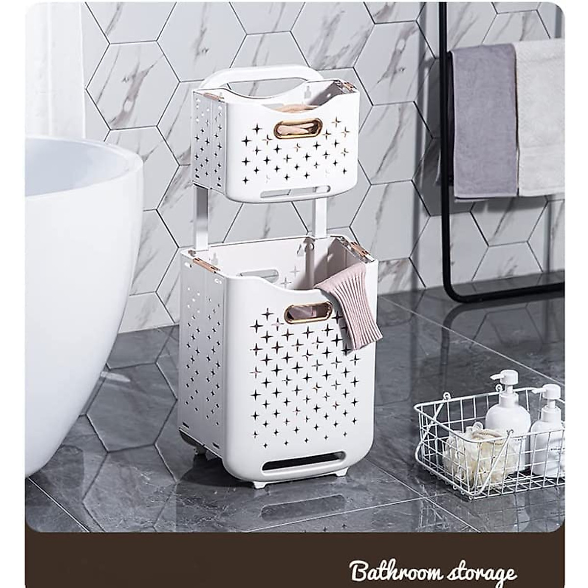 Laundry Baskets on Wheels, Laundry Trolley, Laundry Collector with 2 Layers, 2 Storage Baskets, Laundry Sorter for Bedroom, Bathroom for Clothes and Toys, Total 77L, Plastic, 75x34.5x26cm (New)