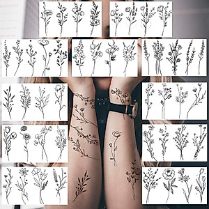 15 Sheets FANRUI Tiny Branch Black Flower Temporary Tattoos For Women Girl Floral Bouquet Small Tattoo Temporary Wild Plant Lavender Sweet Pea Larkspur Fake Tatoo Adults Face Hands Kids Kit Sticker