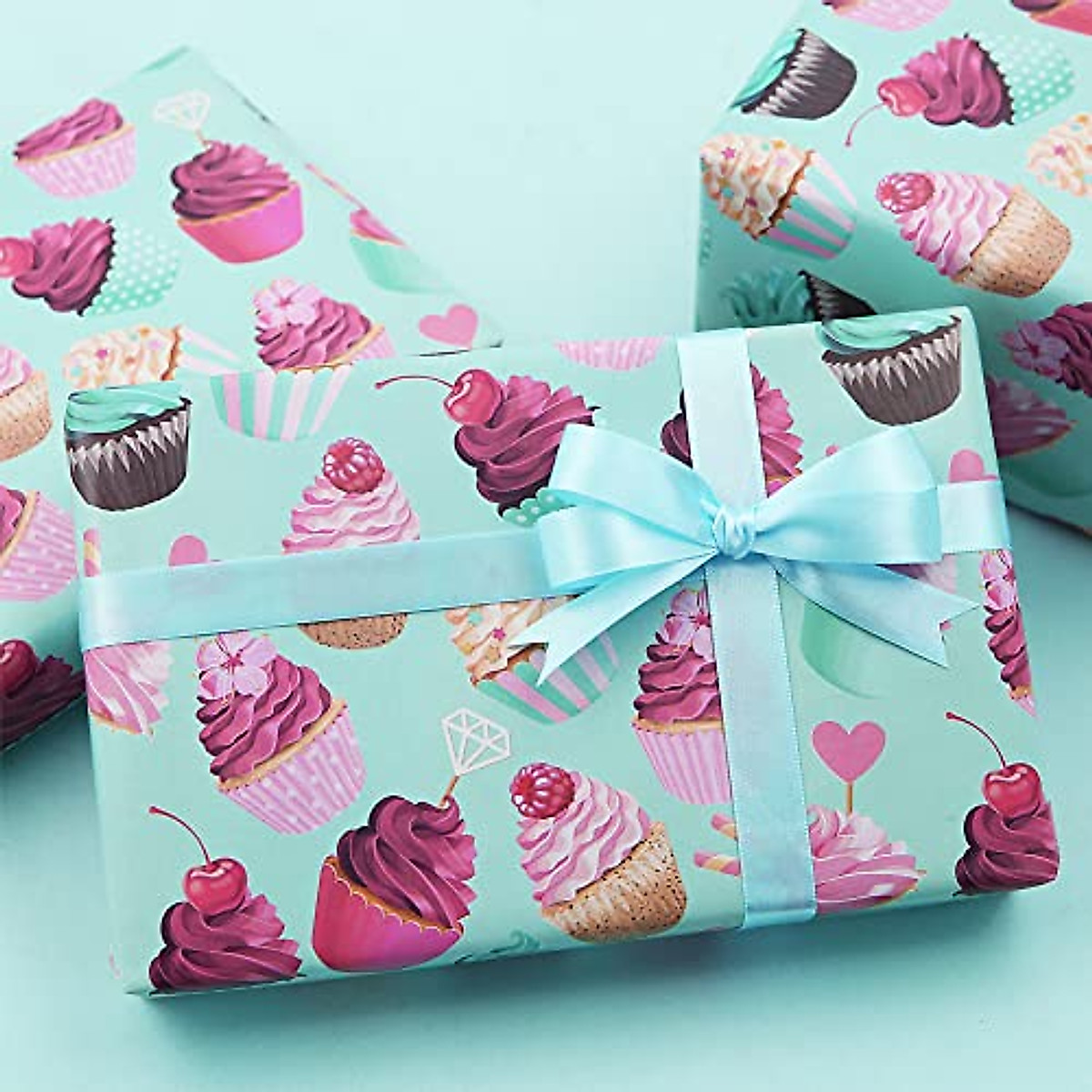 Blue Birthday Wrapping Papers, 4 Sheets Cupcake Muffin Printed Pattern Wrap Papers, 20 x 29 inch Per Sheet Folded Flat with 1 Roll Blue Ribbon for Baby Shower Party Holiday Kids Toddler Boys Gift Wrap