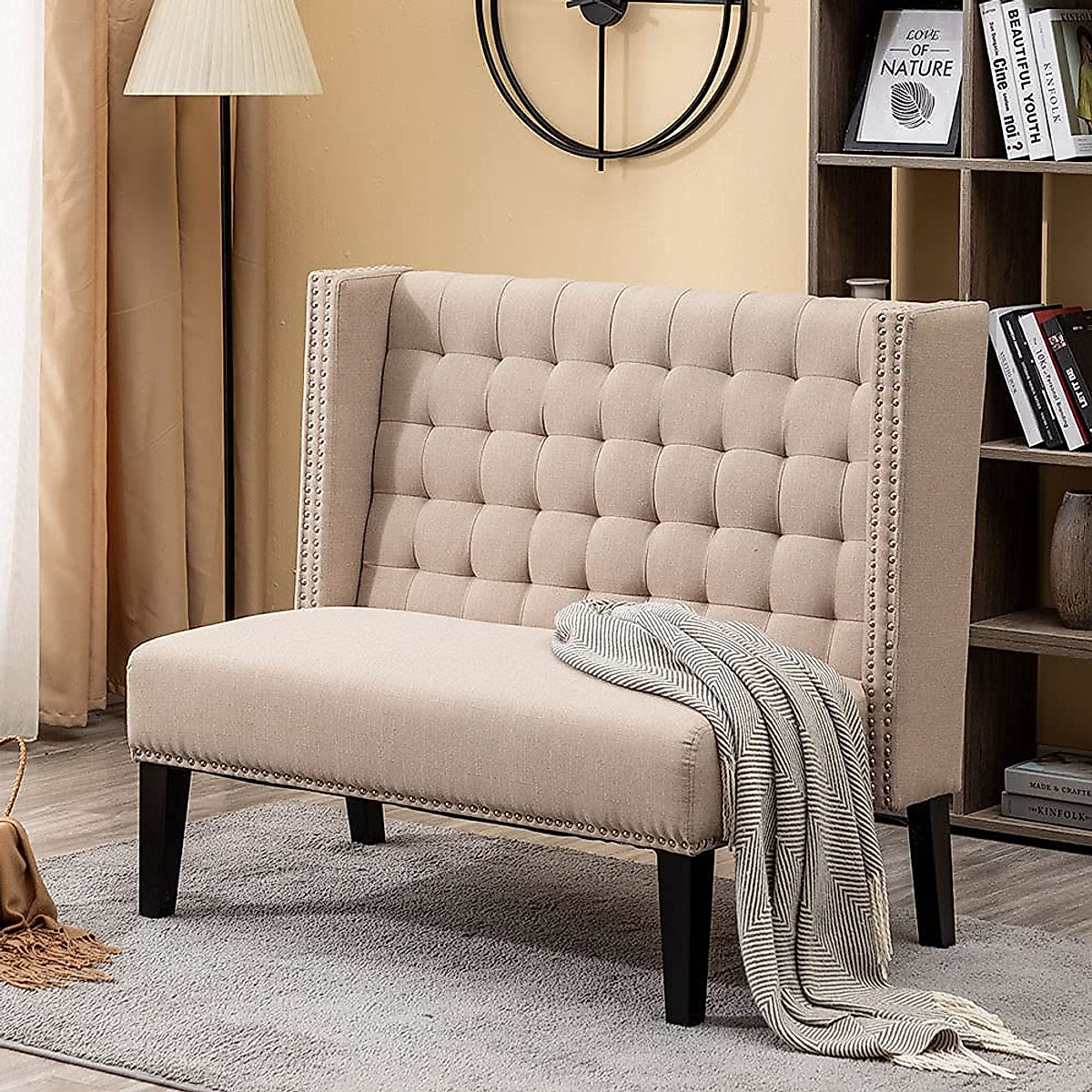 Andeworld Modern Loveseat Settee Bench Sofa Couch, Upholstered Banquette Dining Bench with Back for Dining Living Room Hallway or Entryway Seating,Putty