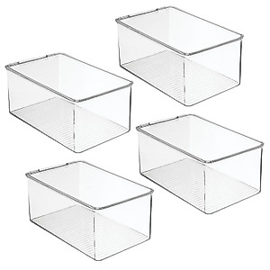 mDesign Stackable Plastic Closet Storage Container Bin Box with Hinge Lid for Organizing Shoes, Booties, Pumps, Sandals, Wedges, Flats, Heels - Lumiere Collection - 4 Pack - Clear