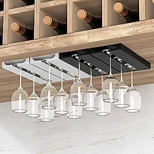 Wine Glass Holder Under Shelf or Cabinet, Hanging Stemware Rack Organizer Hanger for Bar Cabinet Kitchen and Restaurant, No Drilling Glassware Drying Storage Hanger for Goblets, Wine Glasses