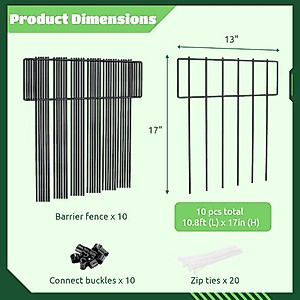10 Pack Animal Barrier Fence: Decorative Garden Fence No Dig|Rustproof Metal Wire Fencing Border Animal Barrier for Dog Rabbits Ground Stakes Outdoor Yard Patio - Total Length 17 in(H) X 10.8 Ft(L)