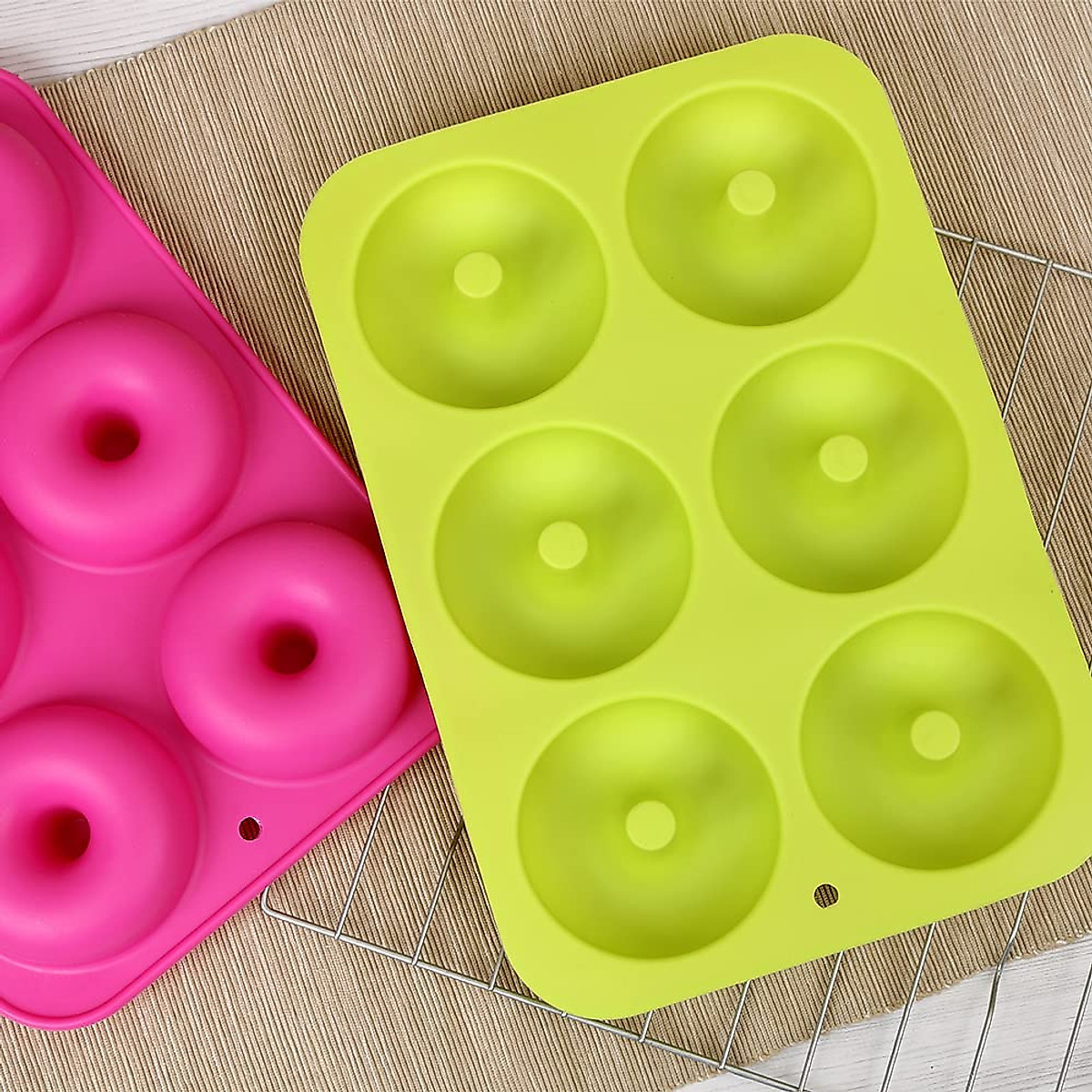 homEdge Silicone Donut Molds, 2-Pack of Non-Stick Food Grade Silicone Pans for Doughnut Baking – Green and Pink