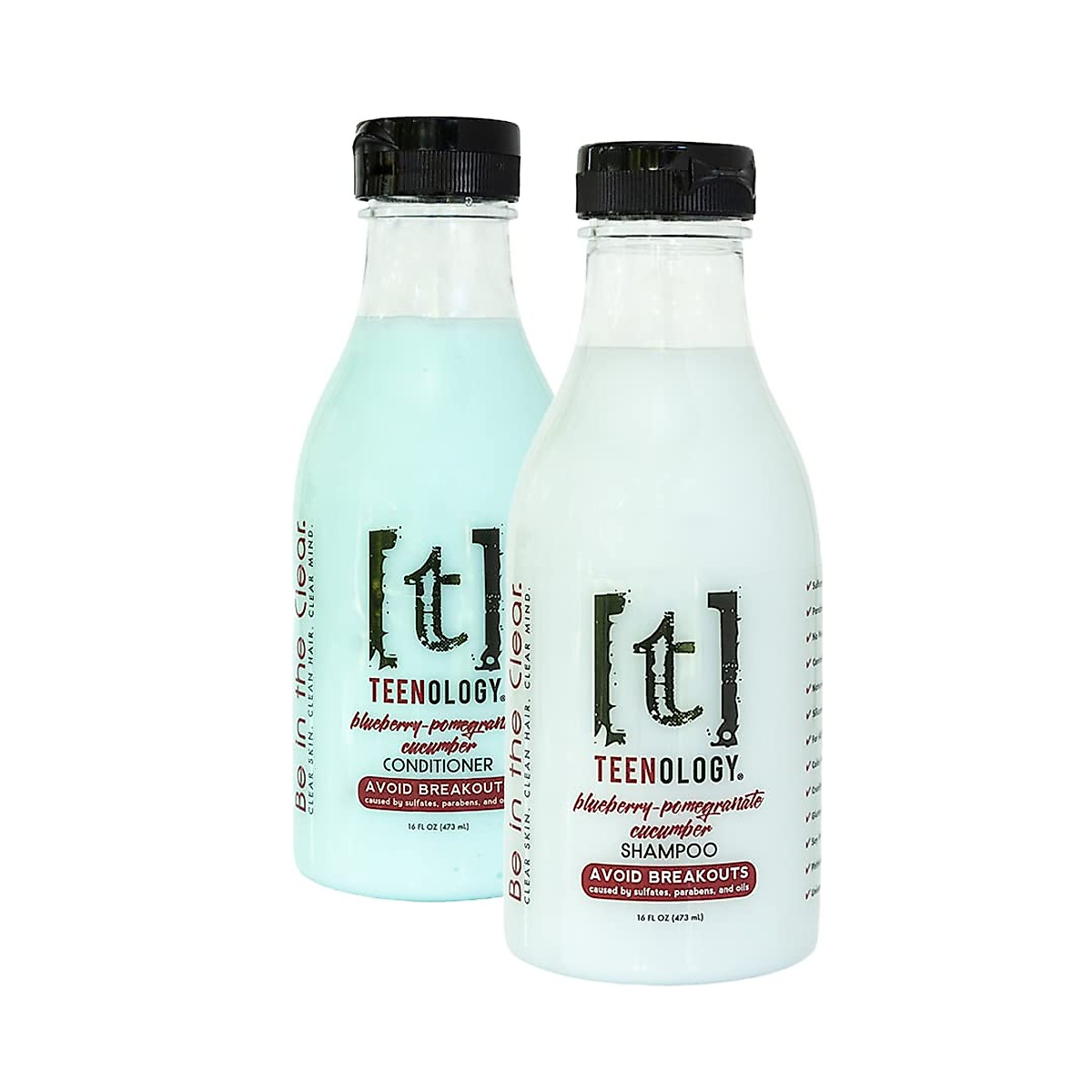 Teenology Shampoo and Conditioner Bundle (Save 5%) - Avoid Forehead Acne and Breakouts - No Sulfates or Parabens, Noncomedogenic, Natural Botanical Extracts, Blueberry Pomegranate Cucumber - 16 oz.