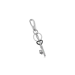 Beautiful sparkling key with hearts charm/key chain. Silver and black surrounded in crystals. Made of chrome coated solid metal that will not bend. Has a long-lasting shine.
