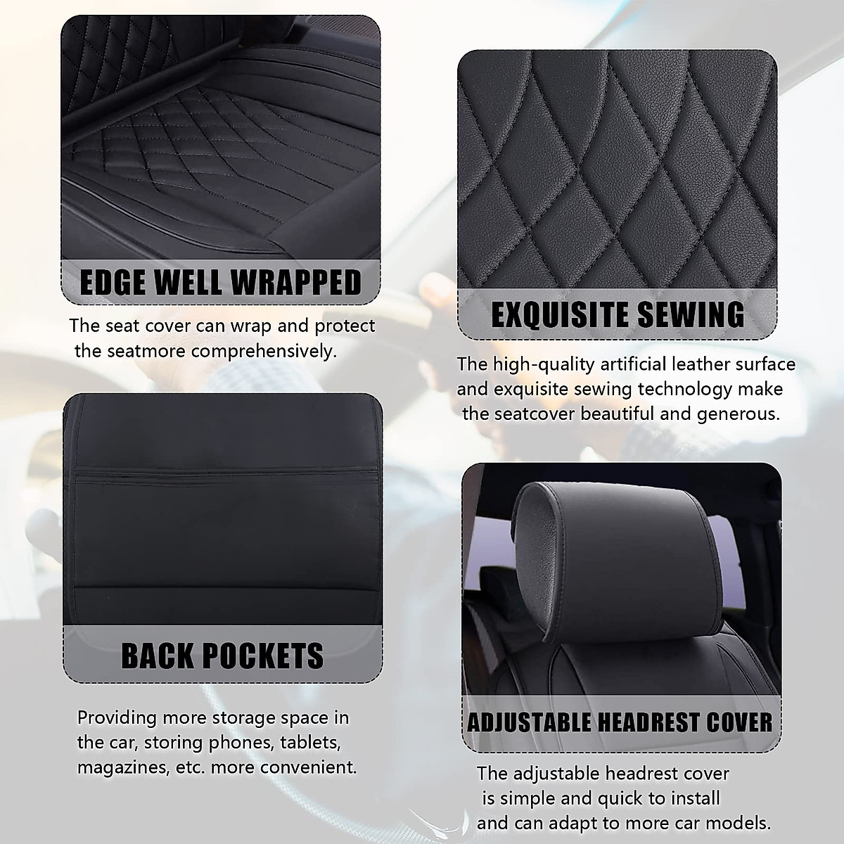 Tallew 2 Pieces Car Seat Covers Front Seat Vehicle Cushion Cover Waterproof Black Interior Covers Faux Leather Seat Covers Universal Car Sit Covers Fit for Most Cars Automotive Seat Accessories