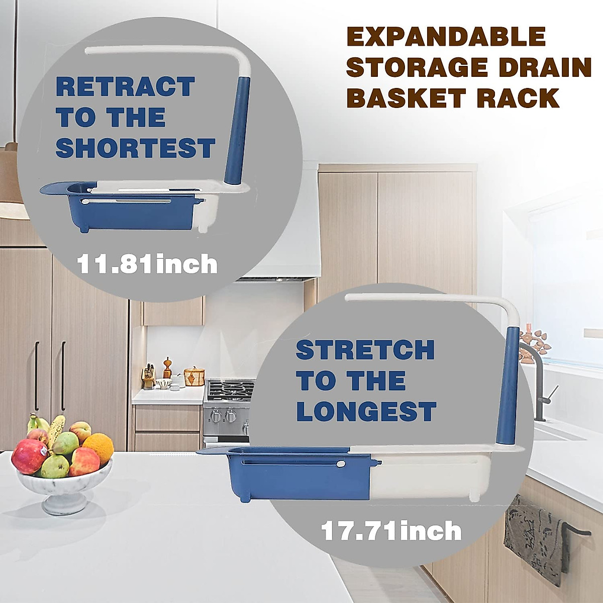 Tmnoa Telescopic Sink Storage Rack,Adjustable Length 2-in-1 Sink Storage Rack Holder Drain Rack for Kitchen Sponge and Soap Expandable Storage Drain Basket for Home Kitchen (Blue)